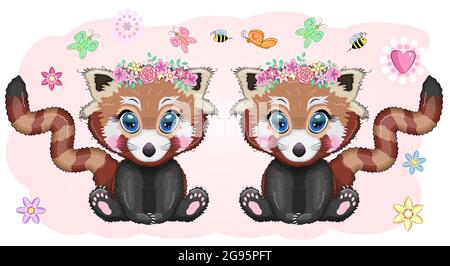 Red panda lovers, cute character, Valentine's day greeting card, bright ...