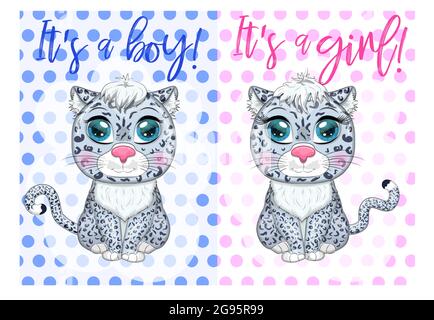 Cartoon snow leopard couple with expressive eyes among flowers, hearts ...