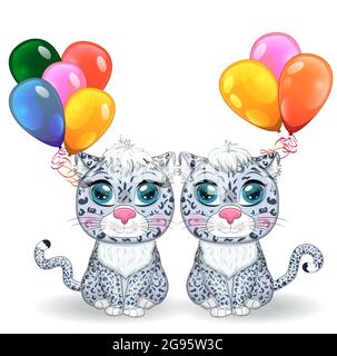 Cartoon snow leopard couple with expressive eyes with balloons, holiday ...