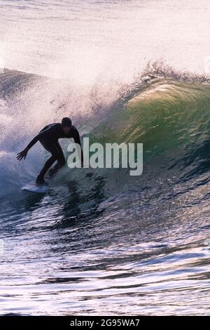 The surfer riding a wave in the early morning. Maroochydore, Australia ...