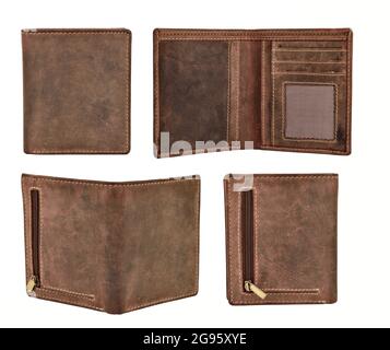 Front and back view of leather wallet isolated on white background with ...