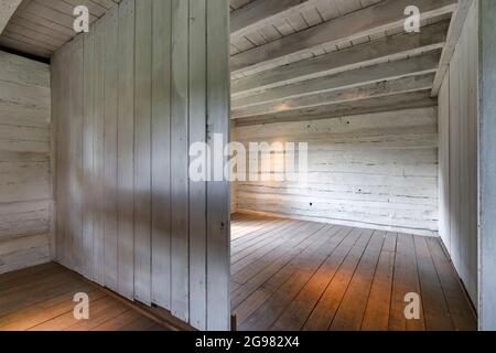 Interior of preserved slave quarters shack at cotton plantation at ...