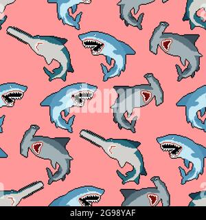 Hammerhead shark pixel art pattern seamless. 8 bit Fish hammer ...