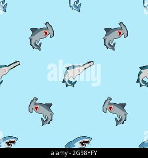 Hammerhead shark pixel art pattern seamless. 8 bit Fish hammer ...