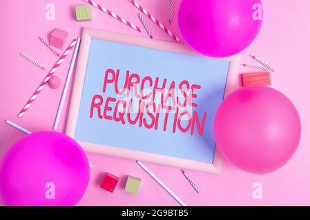 Hand writing sign Purchase Requisition. Word Written on document used ...