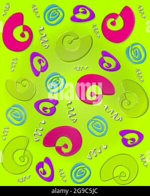 Swirls and spirals in bright green, blue, pink and purple glow against ...