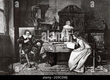 Engraving of the poet John Milton dictating the poem Paradise Lost to ...