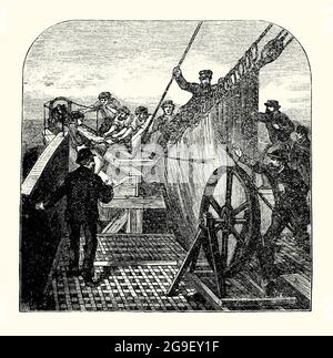 Telegraph cable. Engraving of underwater telegraph cables being ...