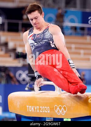 Brody Malone (USA) competing on the rings during the Artistic Gymnastics Men's Team Final at the ...