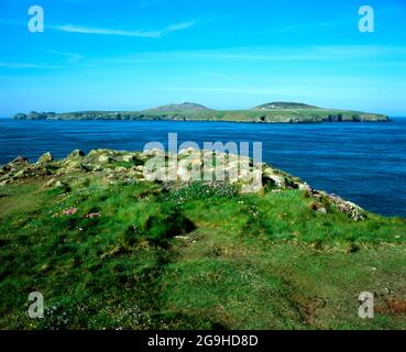 Ramsey Sound and Ramsey Island from National Park Coast Path at Carn ar ...