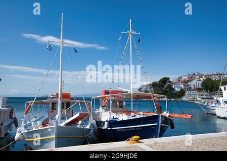 SKIATHOS, GREECE - Jul 16, 2021: Ships and boats in the old port ...