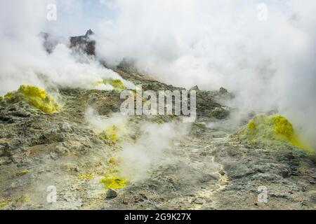 Sulphur pieces on Iozan (sulfur mountain) active volcano area, Akan ...