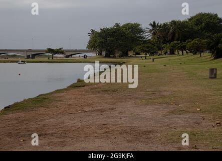 Arched bridge over Umgeni river with apartment buildings in background ...