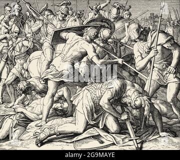 Death of Saul. Saul kneels and nails his own sword killing himself ...
