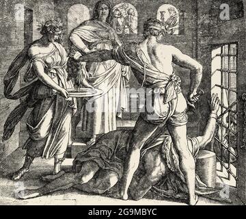 The beheading of John Baptist, instigation of Herodias. Mark book, New ...