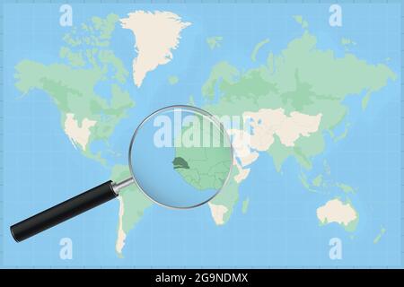 World map with magnifying on Senegal. Blue earth globe with Senegal flag pin. Zoom on Senegal ...