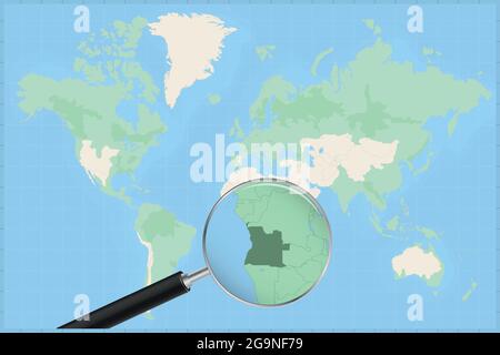 World map with magnifying on Angola. Blue earth globe with Angola flag ...