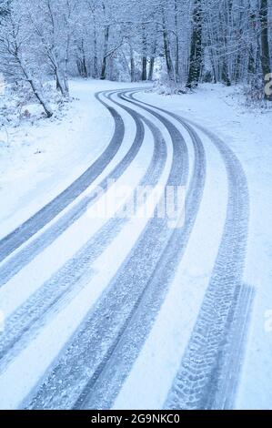 Winter Scene with Snow Icy Tracks on Ground Stock Photo - Alamy