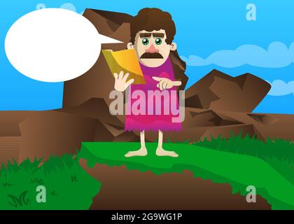 Cartoon prehistoric man reading and pointing at an opened book. Vector ...