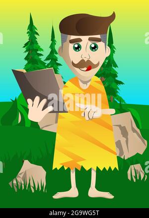 Cartoon prehistoric man reading and pointing at an opened book. Vector ...
