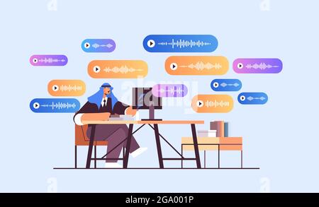 man communicate in instant messengers by voice messages audio chat ...