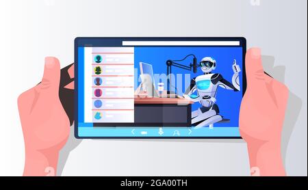 podcaster talking to microphone recording podcast in studio podcasting ...