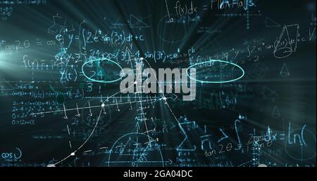 Mathematical equations floating against black background Stock Photo ...