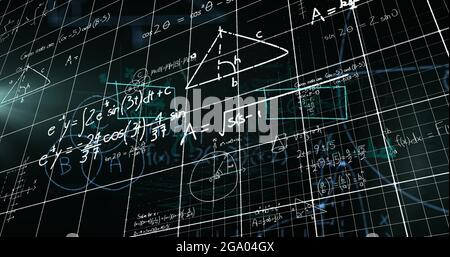 Mathematical equations and diagrams against black background Stock ...