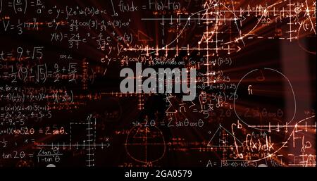 Mathematical equations floating against black background Stock Photo ...