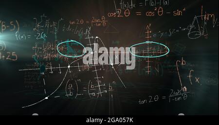 Mathematical equations floating against black background Stock Photo ...