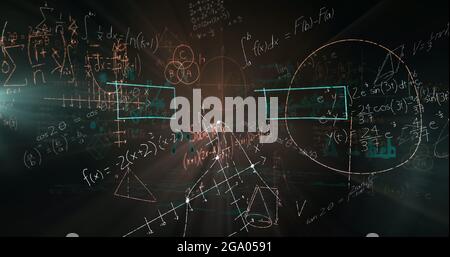 Mathematical equations floating against black background Stock Photo ...