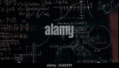 Mathematical equations floating against black background Stock Photo ...