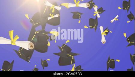 Digital image of multiple graduation hat icons falling against blue ...