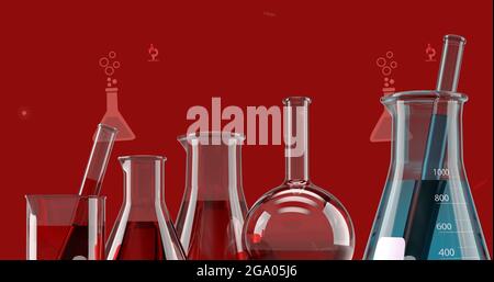 Multiple laboratory beakers against science concept icons on red ...