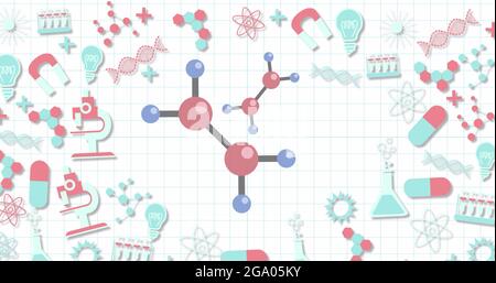 Science concept icons moving against square lined paper Stock Photo - Alamy