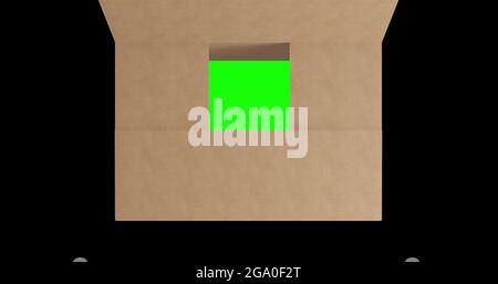 Overhead of green screen in brown cardboard box with lid opening on ...