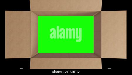 Overhead of green screen in brown cardboard box with lid opening on ...