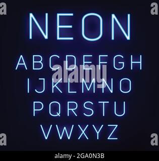 Neon blue font vector illustration. Blue neon light letters. Glowing ...