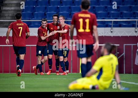 SAITAMA, JAPAN - JULY 28: Mikel Merino of Spain celebrates with Pedri ...