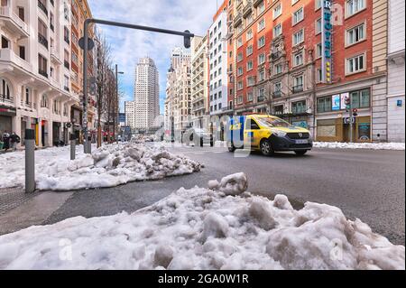 Ice blocks remain at Gran Via Street after the Storm Filomena snowfall ...