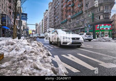 Ice blocks remain at Gran Via Street after the Storm Filomena snowfall ...