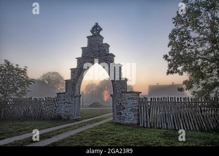Stone gate with a Celtic cross in Hejnum, Gotland. Gotland, Sweden ...