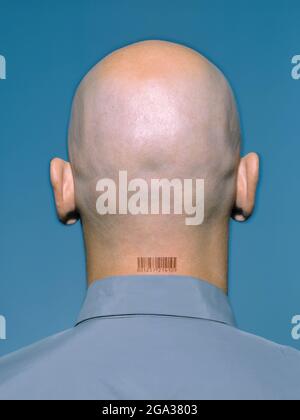 Rear view of bald head with barcode on its back Stock Photo - Alamy