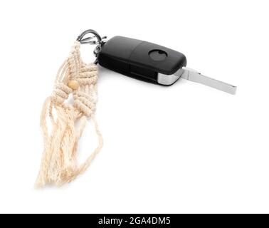 Car key with handmade cotton keychain on white background Stock Photo ...
