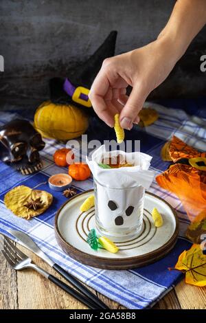 Funny crafts Halloween day decoration party, closeup Mummy from water ...