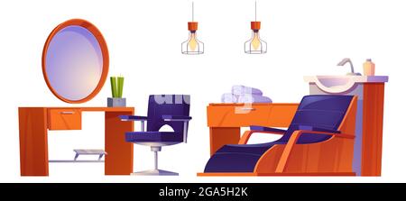 Barber shop cartoon set with chair, professional accessories for ...