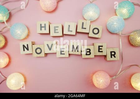 Hello November alphabet letters with pink flower decoration on wooden ...