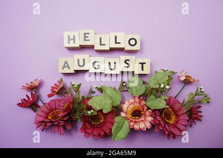 Hello November alphabet letters with pink flower decoration on wooden ...