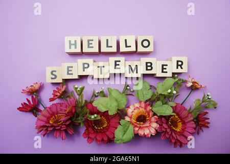 Hello September alphabet letters with flower decoration top view on ...