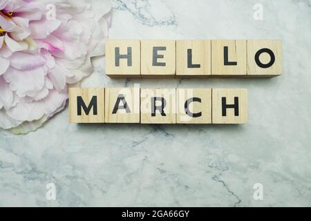 Hello March alphabet letters with pink flower decoration on purple ...